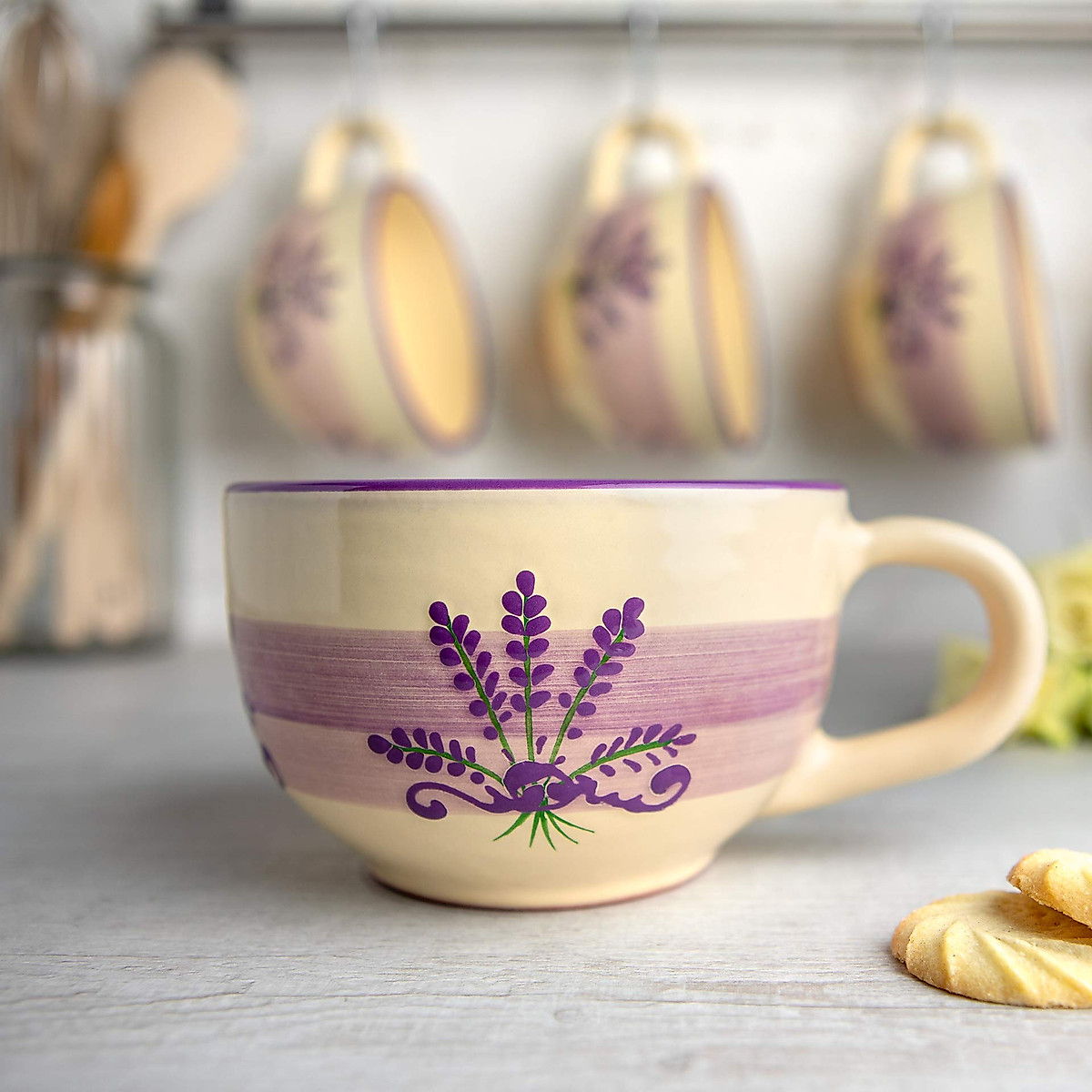 City to Cottage Handmade Ceramic Designer Lavender Floral Purple and Cream Cup, Unique Extra Large 17.5oz/500ml Pottery Cappuccino, Coffee, Tea, Soup Mug | Housewarming Gift for Tea Lovers