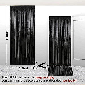 2 Pack 3.2 ft x 9.8 ft Black Tinsel Curtain Party Backdrop Decorations, Metallic Foil Fringe Backdrop Door for Halloween, Christmas, Birthday Graduation Wedding Party Streamers Photo Backdrop.