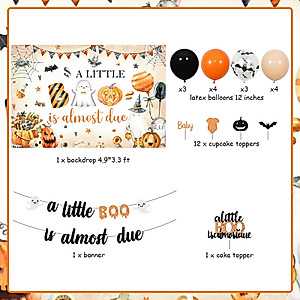 JOYMEMO Orange and Black Halloween Baby Shower Decorations, A Little Boo is Almost Due Backdrop, Banner, Cake Topper with Cupcake Toppers for Women Boy Girl He or She Gender Reveal Party Supplies