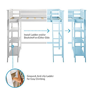 Max & Lily High Loft Bed, Twin Bed Frame For Kids With Bookcase, White