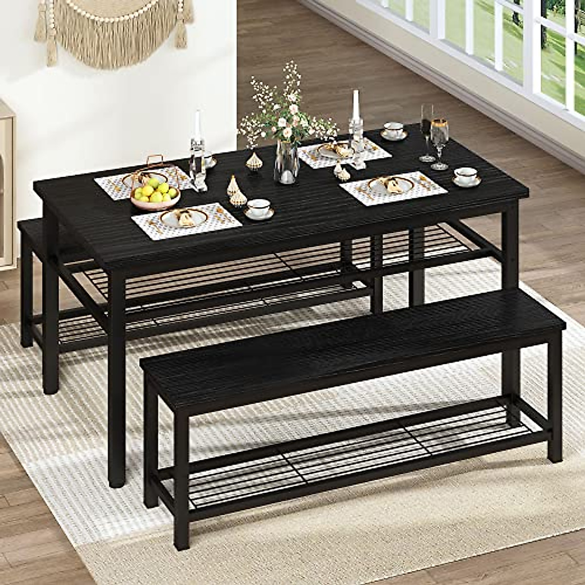Lamerge 3-Piece Dining Table Set, Black Dining Table with Storage Shelf, Kitchen Table and Chairs Set for 4, Dining Table Set with 2 Benches, Industrial Dining Table Set for Dining Room, Kitchen