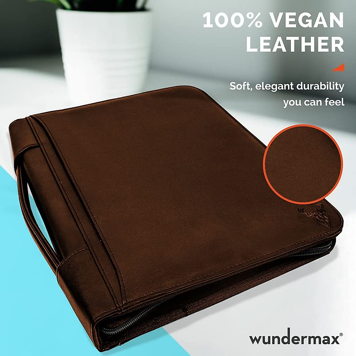 Wundermax 13x10.7x1.9in Vegan Leather Padfolio for Men/Women with Handle, Zipper, Notepad, Detachable Binder, Tablet Pocket - Brown