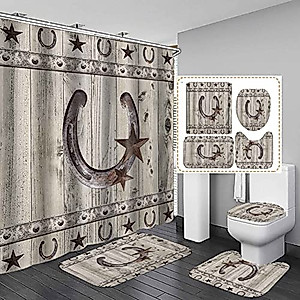 Camille&Andrew 4PCS Western Shower Curtain Set, Horseshoe Texas Star Barn Star Wooden Barn Door Country Rustic Farmhouse Bathroom Decor, Waterproof Fabric Shower Curtain, Non-Slip Bath Mat Toilet Rug