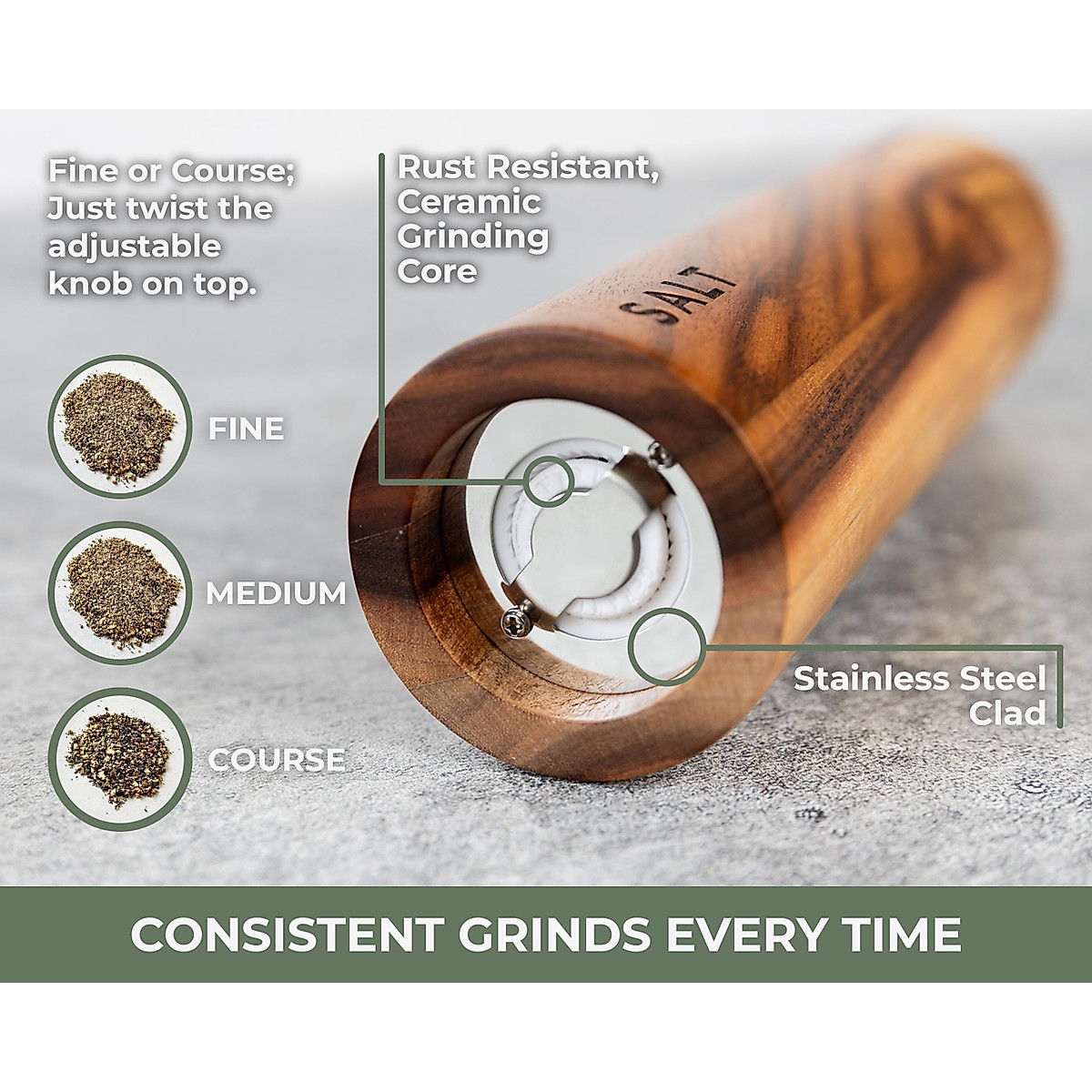 Saffron & Sage Premium Acacia Wood Salt and Pepper Grinder Set of 2-8” Tall Salt and Peppercorn Mill with Adjustable Coarse Settings, Rust Resistant, Smooth and Quality Grinding Mechanism