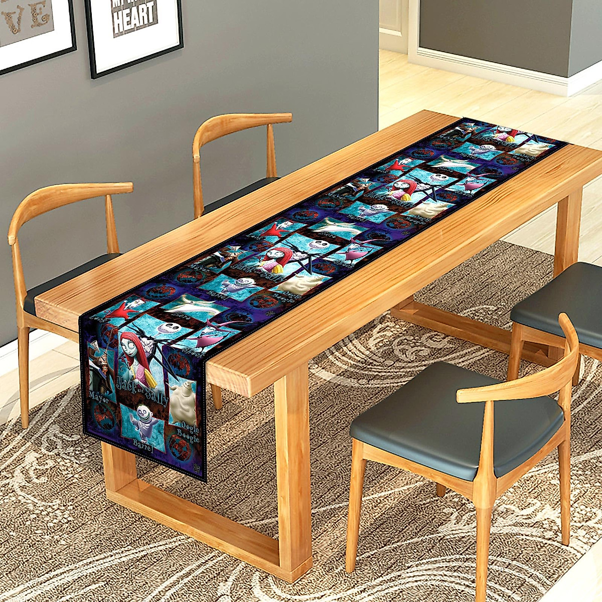 The Nightmare Before Christmas Table Runner Jack and Sally Theme Party Decoration Welcome Halloween Home Kitchen Dining Room Decor (13" x 72")