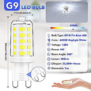 MAXvolador G9 LED Bulb Dimmable, Daylight White 6000K, 4W G9 Base Light Bulbs, 40W T4 Halogen Equivalent, Bi Pin Base G9 Chandelier Lighting, No-Flicker 360°Beam Angle, 120V 450LM, 6 Pack