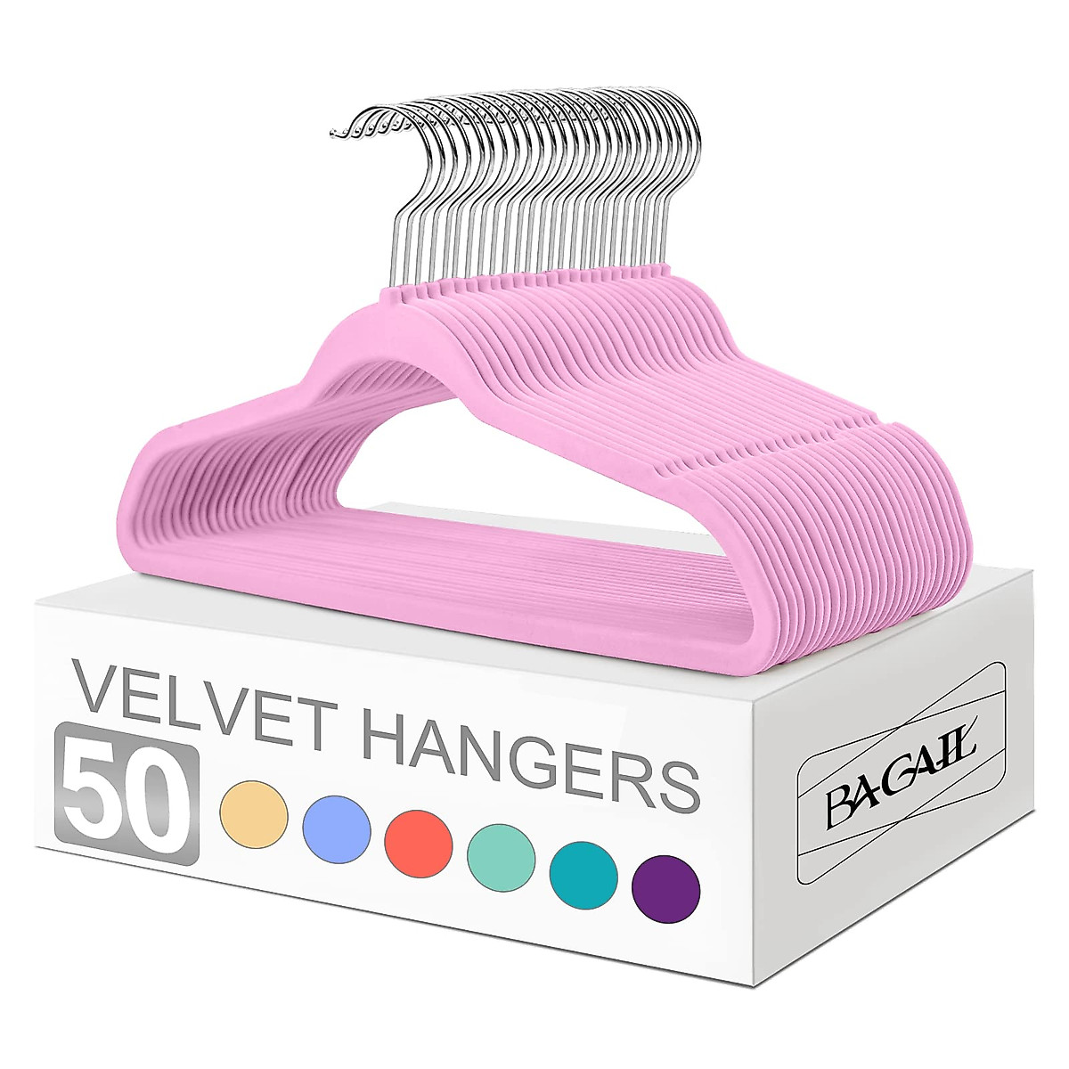 BAGAIL Velvet Hangers 50 Pack, Non Slip 360 Degree Swivel Hook Strong and Durable Clothes Hangers for Coats, Suit, Shirt Dress, Pants & Dress Clothes(Pink, 50 Pack)