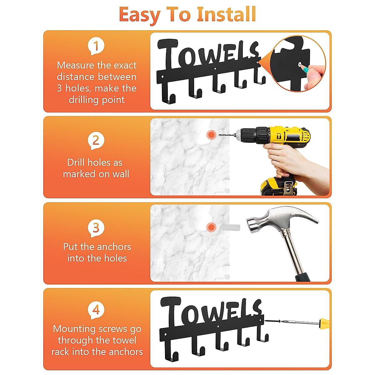 DECLUTTR Towel Racks for Bathroom Wall Mount, Waterproof Towel Holder Towel Hanger with 5 Hooks for Hanging Heavy Duty, Black Wall Mounted Pool Towel Rack