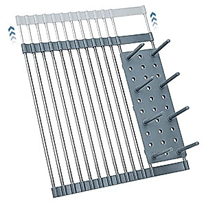 FHYNUI Roll Up Dish Drying Rack Over The Sink, 12.6"x22.9" Adjustable Foldable Sink Rack Stainless Steel Multipurpose Dish Drainer Drying Mat for Kitchen Counter with Cup Holder
