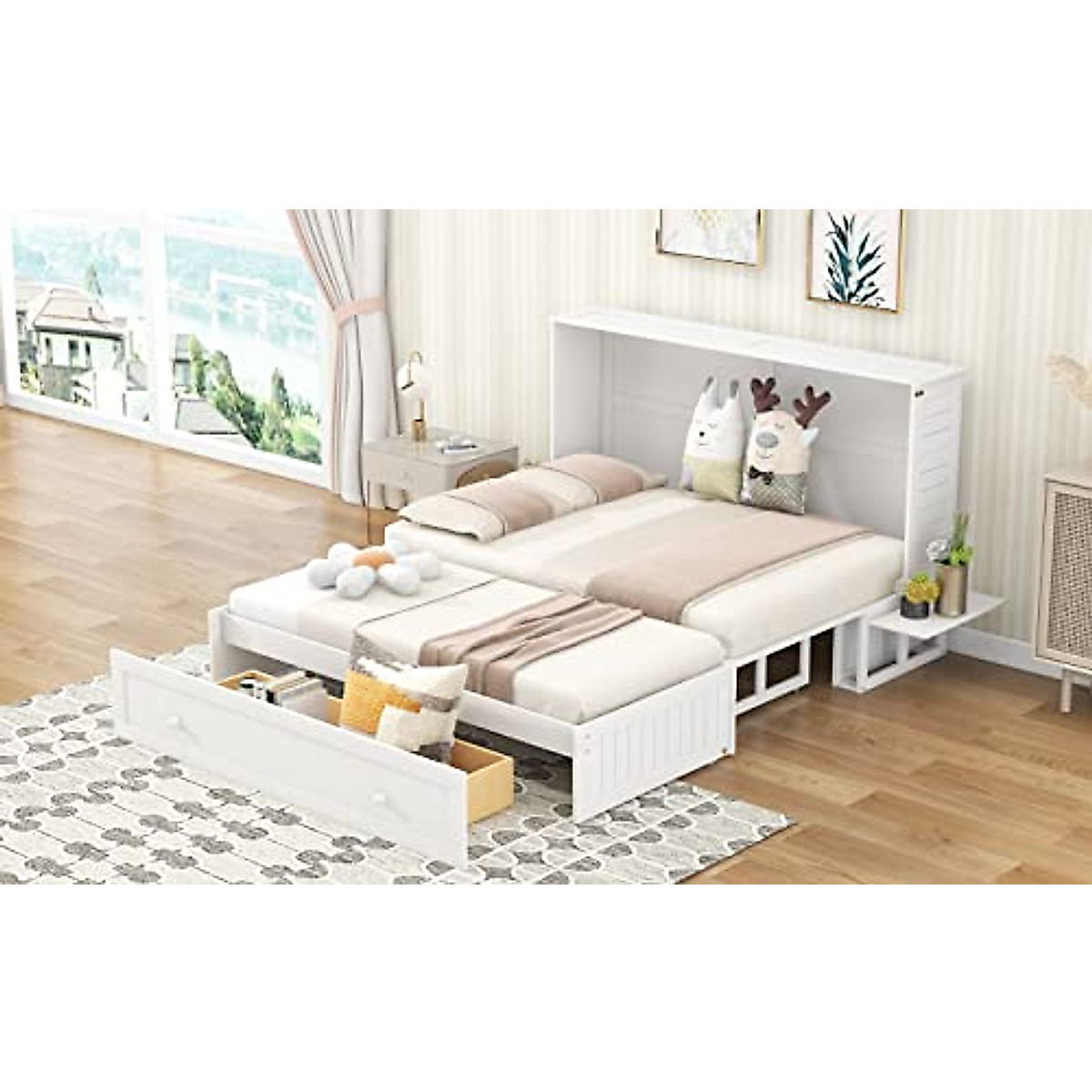 Harper & Bright Designs Queen Size Mobile Murphy Bed with Drawer and Little Shelves on Each Side,White