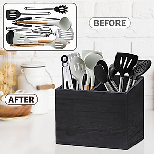 Wooden Kitchen Utensil Caddy With 2 Compartments, Rustic Kitchen Utensil Holder for Kitchen Countertop, Wood Utensil Crock Organizer Box for Farmhouse Kitchen Decor (black)