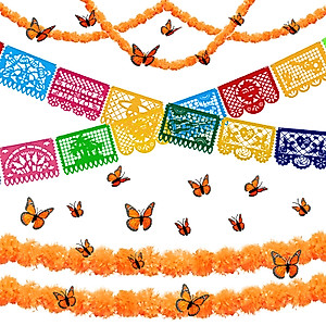 18 Pcs Day of The Dead Party Banners Day of The Dead Party Decorations Dia De Los Muertos Day of The Dead Decor with 24 Pcs Monarch Butterfly 3 Artificial Marigold Flowers Garland for Diwali Decor