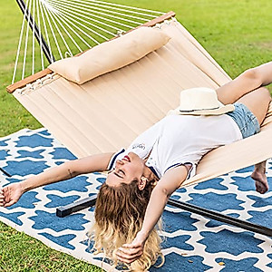 Lazy Daze Quilted Fabric Hammock with 12-Foot Stand, Double 2-Person Hammock with Pillow for Outdoor Outside Patio, Garden, Backyard, 450LB Capacity, Beige