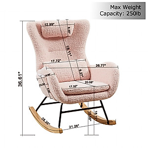 TMEOSK Small Rocking Chair Nursery, Modern Rocking Chair with Side Pockets and High Backrest, Comfy Accent Glider Chair with Headrest and Lumbar Pillow for Living Room, Bedroom (Pink)