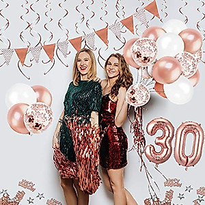 MOVINPE 30th Rose Gold Birthday Decorations, 30th Happy Birthday Banner Pennant Flags 6pcs Hanging Swirl, Number 30 Foil Balloons 8pcs Latex Balloons Cake Toppers Table Confetti for Women