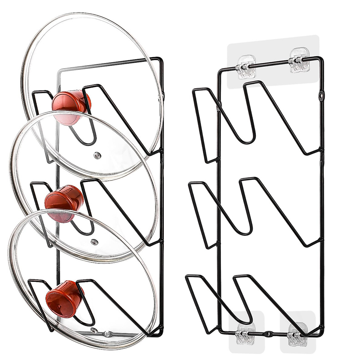 EXAIEW Pot Lid Organizer Rack, 3-Tier Pot Lids Holder for Cabinet Door/Wall, No Drilling Adhesive Wall/Door Mounted Pots And Pans Organizer For Kitchen Storage, 1Pack Black Lid Rack for Pot Lids