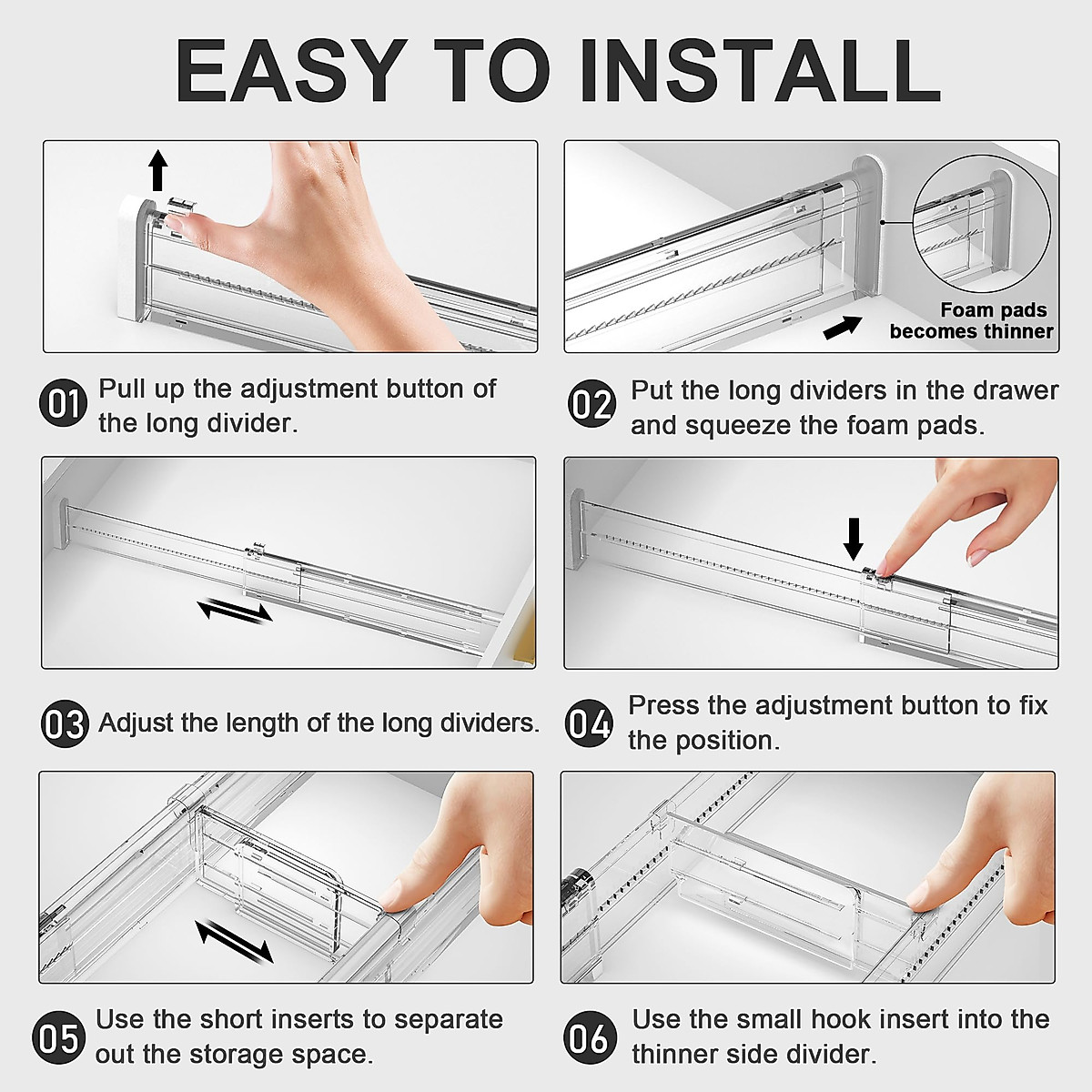 HiYZ Expandable Drawer Dividers with Inserts - 2.36'' High Adjustable Drawer Organizers Separators for Kitchen, Bedroom, Dresser, Office, 5 Long Dividers(12.6-22.8'') with 10 Inserts(3.9-7.1'')-Clear