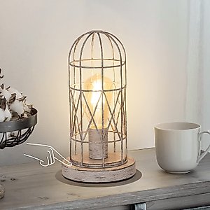 Small Table Lamp, Touch Control Table Lamp with Brushed White Oak Cage, Farmhouse Bedside Lamp 3-Way Dimmable Nightstand Lamp Edison Lamp for Bedroom, Living Room, Hallway, Kitchen, LED Bulb Included