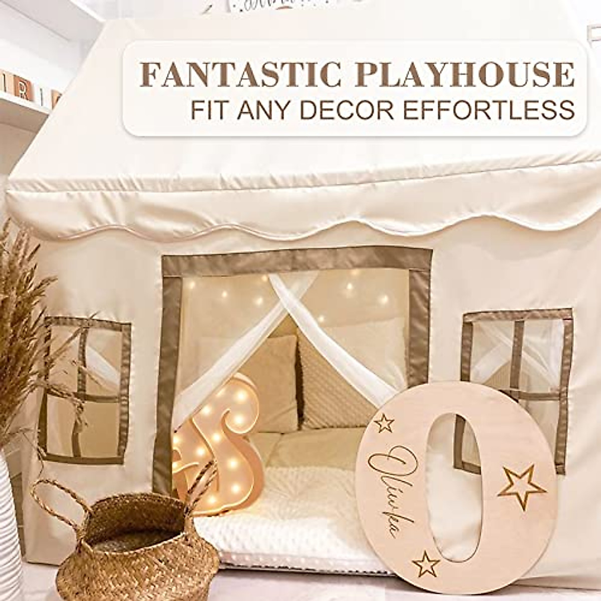 Large Kids Play Tent with Windows, Tassels, Star Light & Padded Mat Kids Tent Playhouse for Kids Indoor & Outdoor Bed Tent for Toddler Toys for Boys Girls Neutral Play Room Furniture, Beige