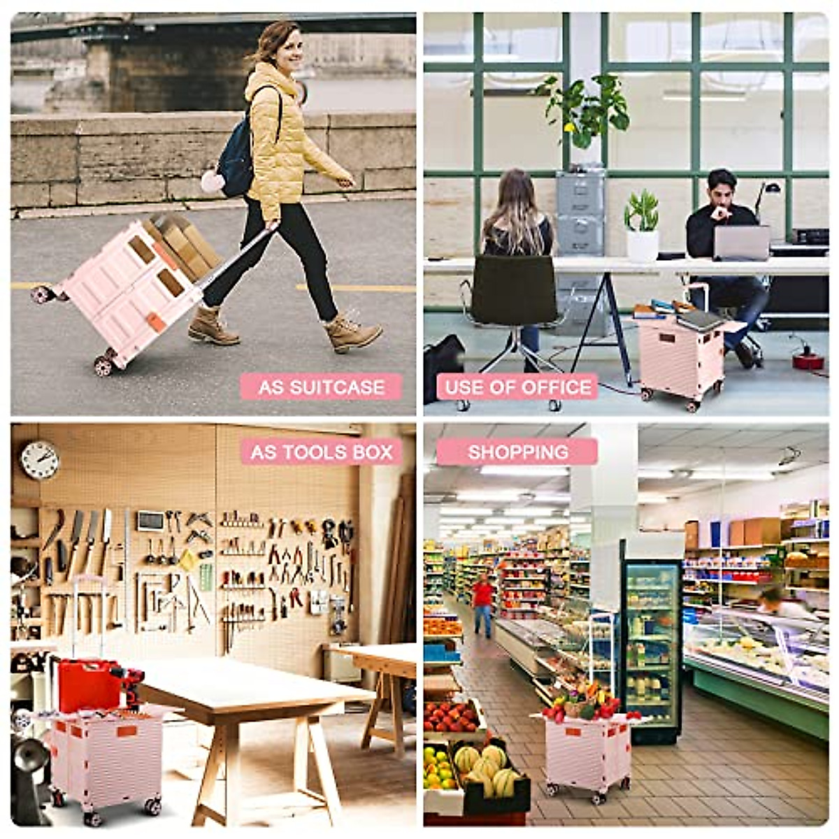 Foldable Utility Cart Folding Portable Rolling Crate with Magnetic Extended Lid,360°Rotate Wheels,176LBS Load Capacity,Heavy Duty Durable Dolly Cart for Teacher Tourist Shopping Office Outdoor