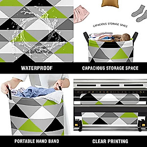 Waterproof Foldable Laundry Hamper with Handles Lime Green Black White Triangles On Light Gray Round Dirty Clothes Laundry Basket Storage Bin Organizer for Toy Collection