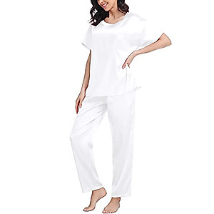 SWOMOG Pajamas Satin Pajamas Short Sleeve Silk Pjs Loungewear Long Pajama Pant Set Ladies Pajamas for Women Two Piece Pajama Set M White