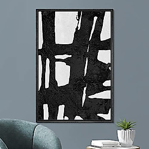 SIGNFORD Framed Canvas Wall Art Bold Ink Stroke with Grid and Texture Abstract Brushstroke Illustrations Minimalism Modern Expressive Black and White for Living Room, Bedroom, Office - 24x36 inches