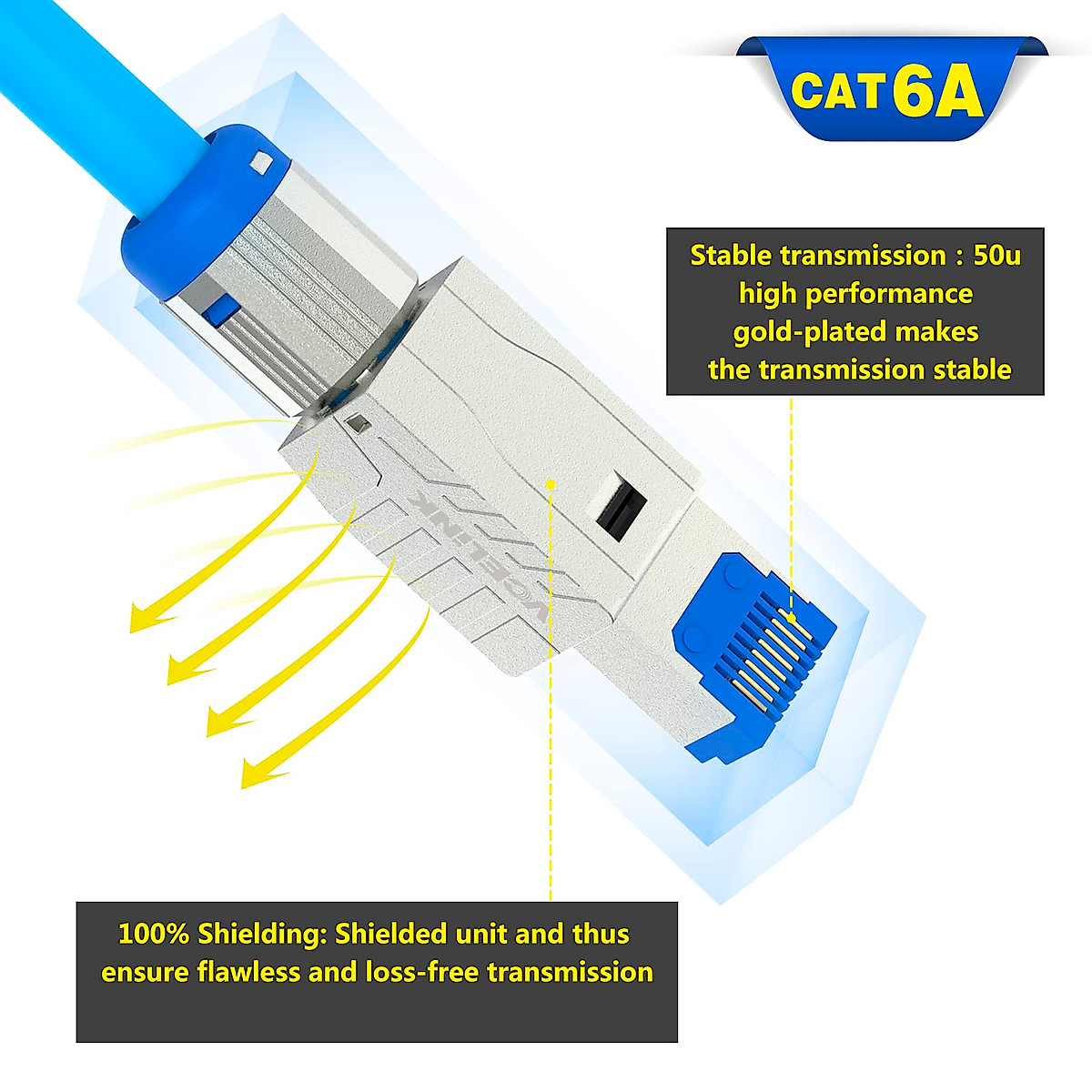 VCELINK RJ45 Cat6A Connectors Tool-Free, Zinc Alloy Shielded Ethernet Termination Plugs for 23AWG SFTP Cables, 10Gbps Easy Internet Plug, Fast Field Installation 2-Pack