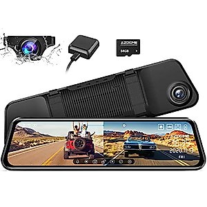 AZDOME 12" Mirror Dash Cam Backup Camera, 1080P Full HD Smart Rearview Mirror for Cars & Trucks, 1080P Front and Rear View Dual Cameras, Night Vision, Parking Assistance, Free 64GB Card & GPS