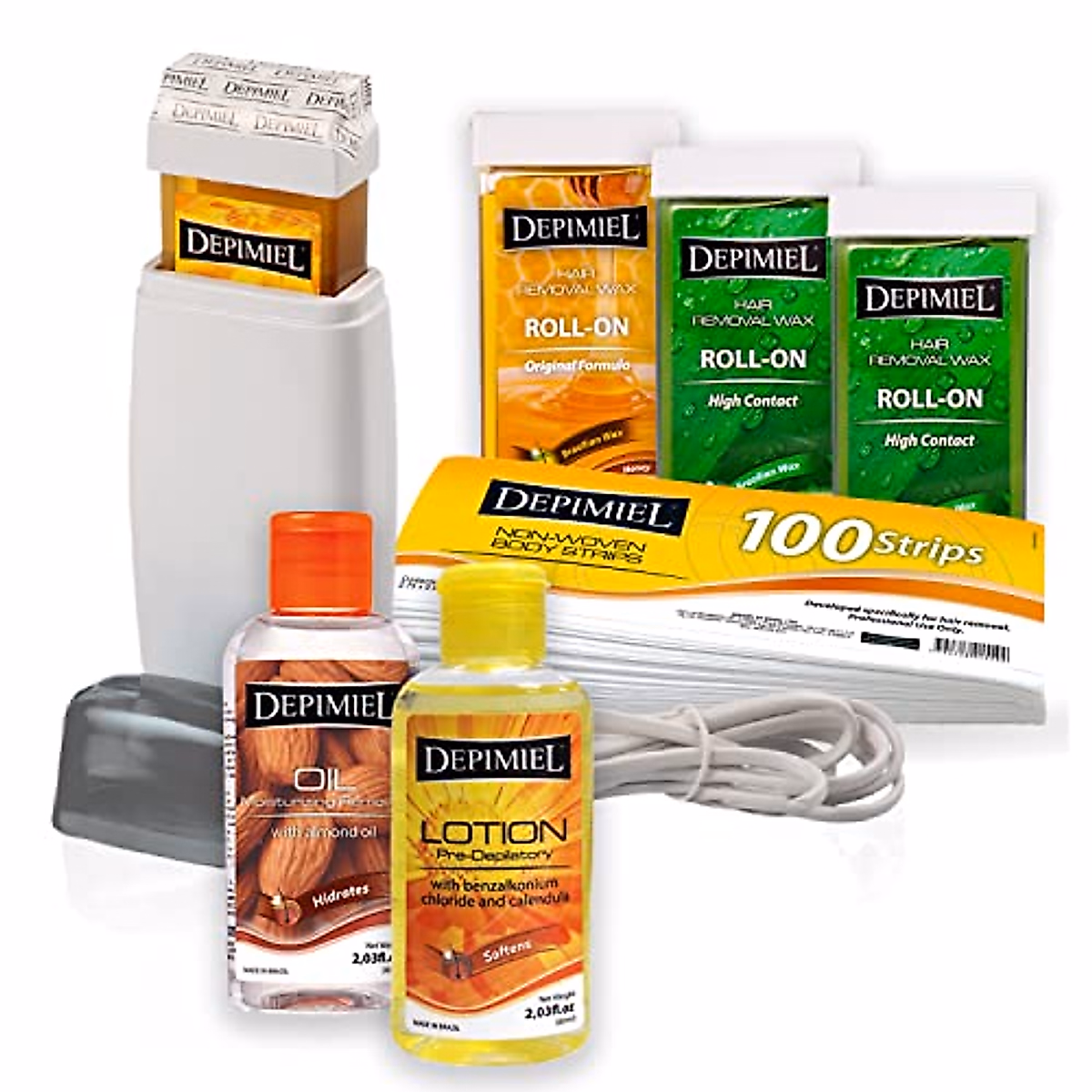 Depimiel Soft Wax Kit - Wax Roller with Warmer and Wax Strips - Wax Roll-On with Before and After Depilatory Lotions - Roller Wax for Legs, Arms, Bikini, Face - Gentle At-Home Waxing Kit