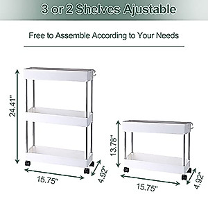 Slim Storage Cart, 3 Tier Mobile Shelving Unit Organizer, Slide Out Rolling Utility Cart Shelf Rack for Kitchen Bathroom Laundry Room Narrow Places, Plastic & Stainless Steel, White