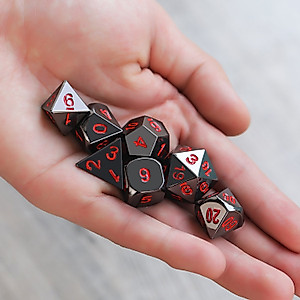 Frienda Zinc Alloy Metal Polyhedral 7-die Dice Set Compatible with Dungeons and Dragons RPG Dice Gaming Math Teaching, D20, D12, 2 Pieces D10 (00-90 and 0-9), D8, D6 and D4 (Black and Red)