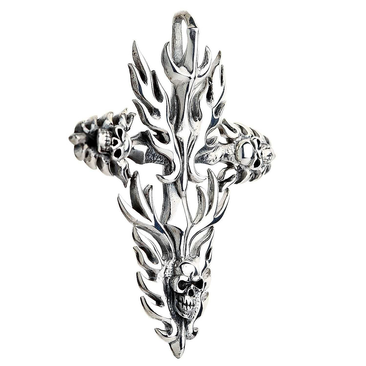 Bikerringshop Sterling Silver Flame Cross Skull Pendant