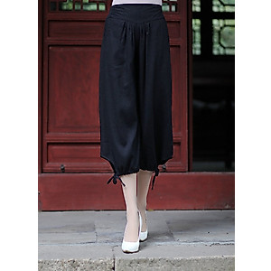 Shanghai Story Women Linen Elastic Waistband Wide Leg Capri Pants Black XL