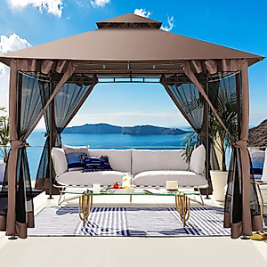 COBIZI 10x10 Gazebos on Clearance, Outdoor Gazebo with Mosquito Netting and Double Roof, Metal Gazebo with Steel Frame, Easy Set Water-Resistant Patio Gazebo for Gardens, Lawns & Backyard, Brown