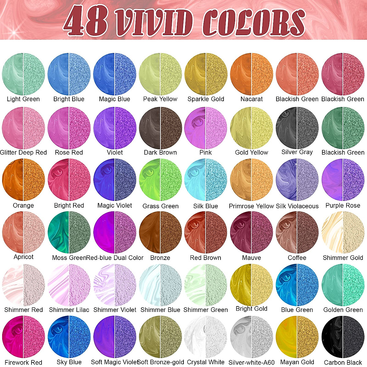 CHANGTIKEJI Mica Powder，48 Colors - 10g/Bottle of Natural Pigment Powder for Epoxy Resin，Soap Making，Candle Making,Lip Gloss,Car Freshies,Dye,Nail Polish,Bath Bombs