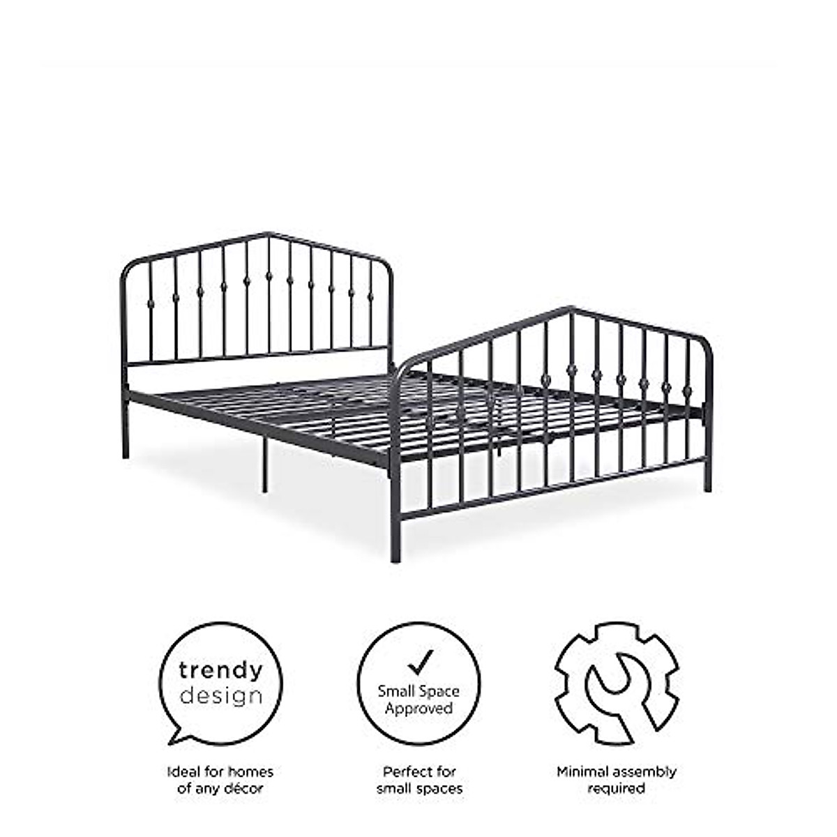 Novogratz Bushwick Metal Bed with Headboard and Footboard | Modern Design | Queen Size - Grey