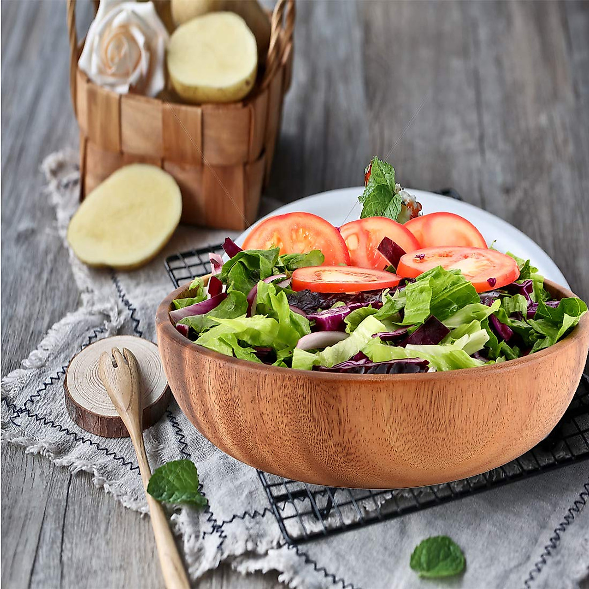 Acacia Wooden Salad Bowls 9.5 inches , Fruit Salad Vegetables Bowls, Wooden Serving Bowl (Single Bowl)