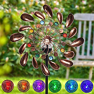 ALLADINBOX Solar Wind Spinner 75in Bronze Metal with Multi-Color LED Changing Solar Powered Glass Ball with Kinetic Windmills Dual Direction Wind Sculpture Spinners Decor for yardwind Garden Outdoor