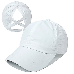 Koreshion Womens Criss Cross Ponytail Baseball Cap Adjustable High Messy Bun Ponycap Quick Drying Mesh Trucker Hats for Outdoor Sports Travel White