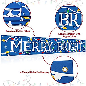 Merry Bright Banner Christmas Winter Holiday Fabric Garland Navy Blue Stars String Lights Hanging Sign Backdrop Photo Props for Wall Fence Fireplace Indoor Outdoor Home Decor Xmas Party Supplies