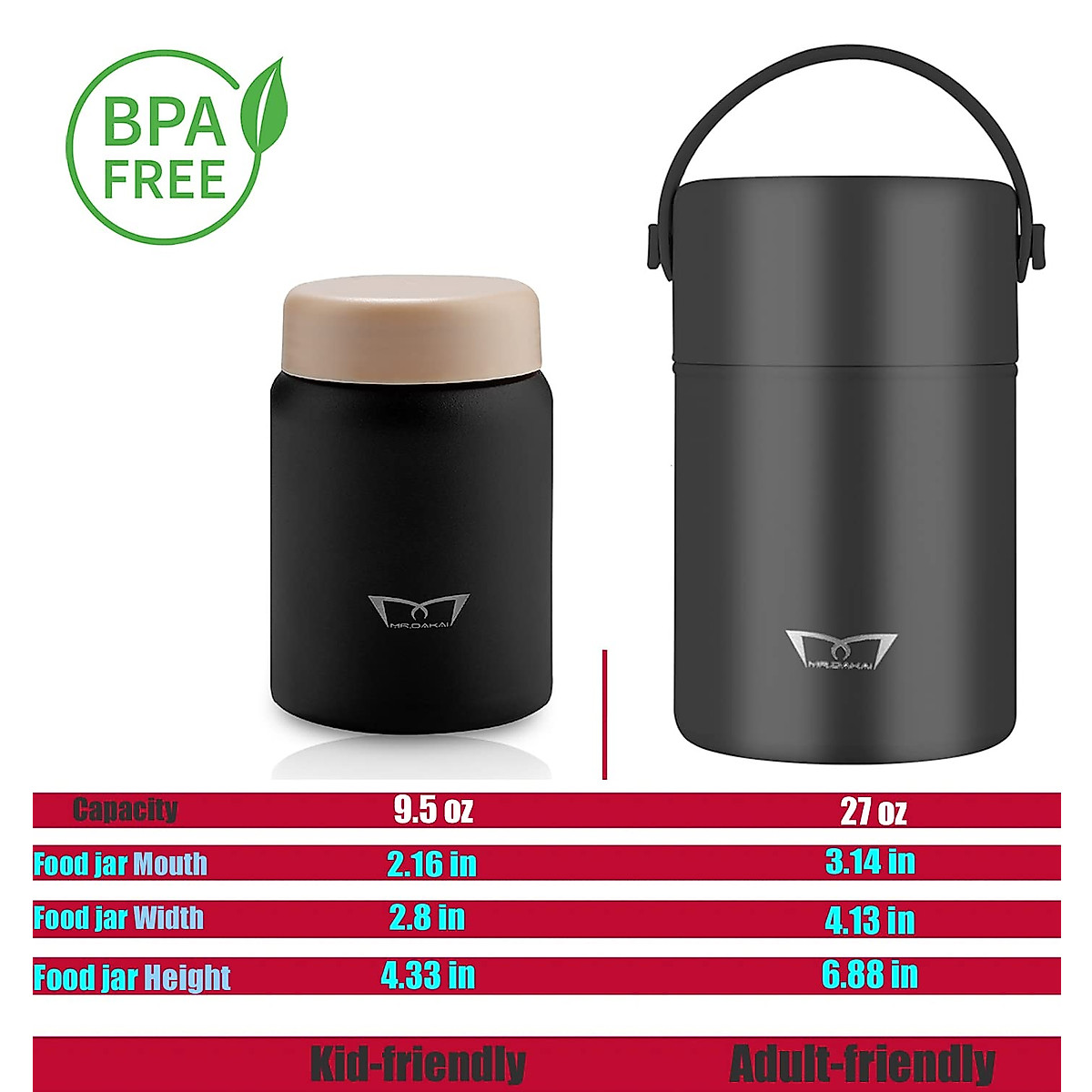 Mr.Dakai Thermal Soup Container for hot food, Insulated Lunch Container Hot Food Jar Stainless Steel Vacuum Bento Lunch Box with Folding Spoon/Bag for Office Picnic Travel Outdoors - 27oz Black