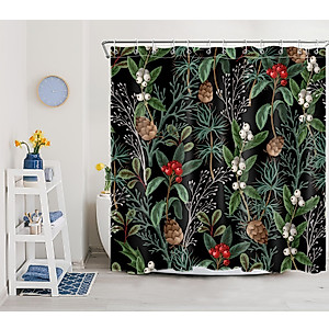 LB Black Christmas Shower Curtain Decor, Red Berries and Pine Cone Green Botanical Shower Curtain for Bathroom 72" W x 78" L Polyester Fabric Bathroom Decoration Bath Curtains Hooks Included