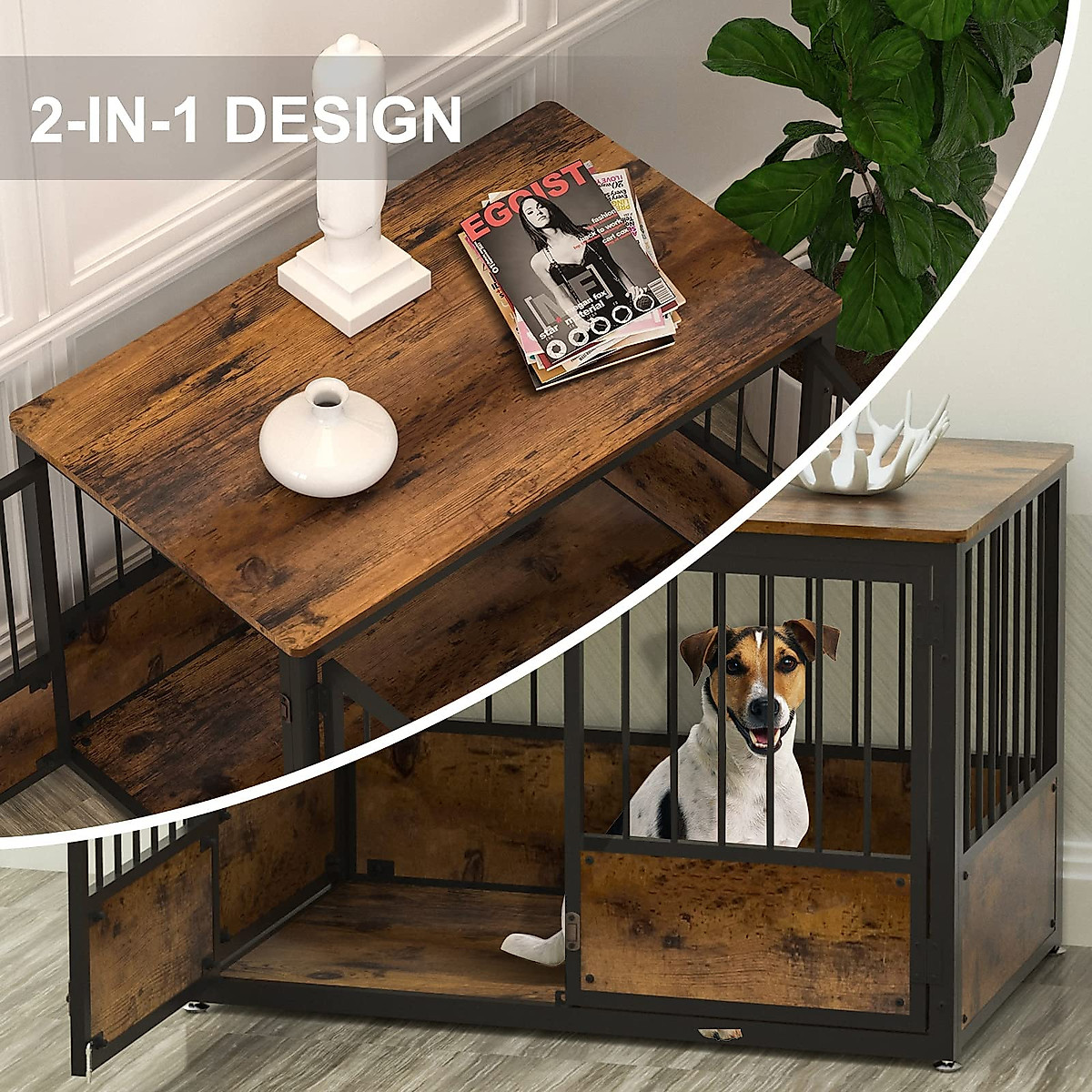 Snimoy Heavy Duty Dog Crate Furniture, Large Pet Cage End Table Wooden Dog Kennel with 3 Doors, Decorative Tall Metal Dog Crate House Indoor with Sturdy Locks for Medium Large Dog
