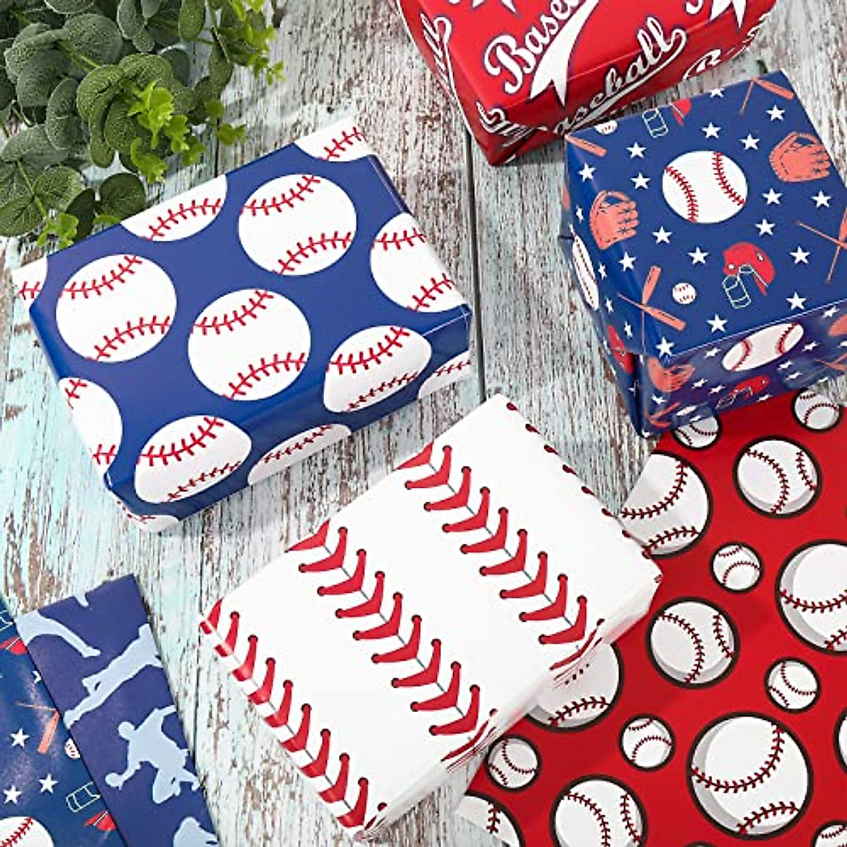 AnyDesign 12 Sheet Baseball Wrapping Paper Red Blue White Sports Gift Wrap Paper Bulk Folded Flat Baseball Print Art Paper for Baseball Theme Birthday Party DIY Crafts Gift Wrapping, 19.7 x 27.6 Inch