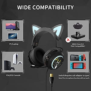 EASARS Cat Ear Headset, USB Gaming Headset with Retractable Mic, 7.1 Surround Sound, RGB Lighting, Wired Headset for PC, PS4, PS5