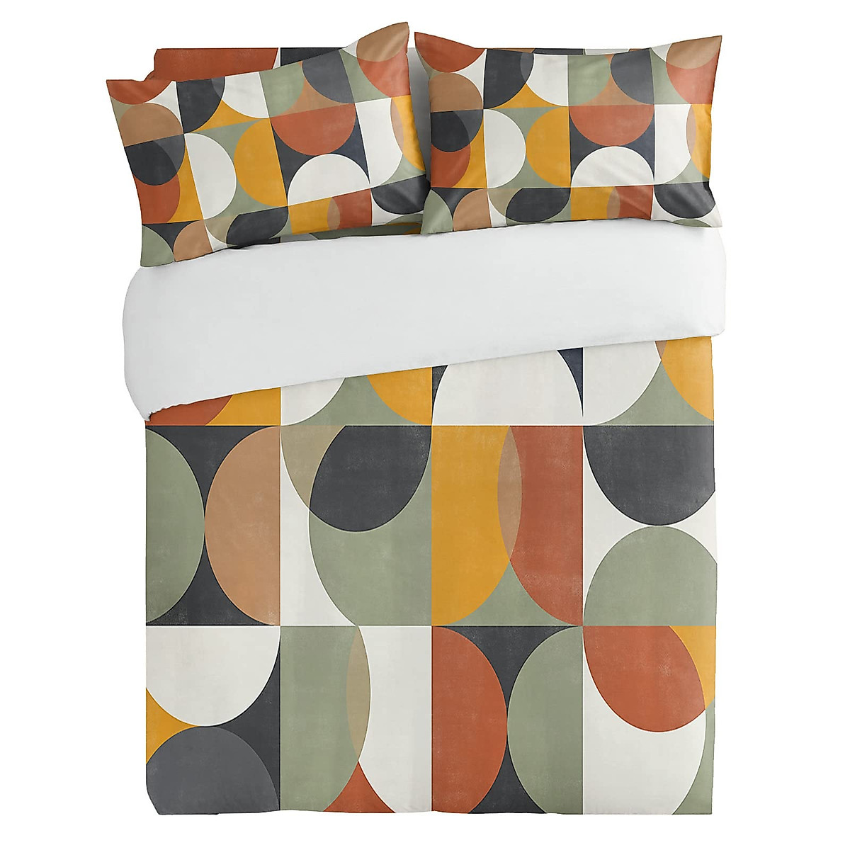 Duvet Cover Set 3 Pieces Queen Bedding Sets Mid Century Abstract Color Block Comforter Cover with Pillowcases Microfiber Bedroom Quilt Covers-Zipper Closure Nordic Style Circle Modern Art