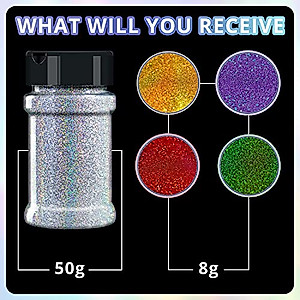 Holographic Ultra Fine Glitter 50g Silver+8g*4 Fine Glitter Gold+Magic Purple+Red+Green Sparkle Glitter Powder for Resin Tumbler Project and Craft Iridescent Glitter for Nail Art and Body Makeup
