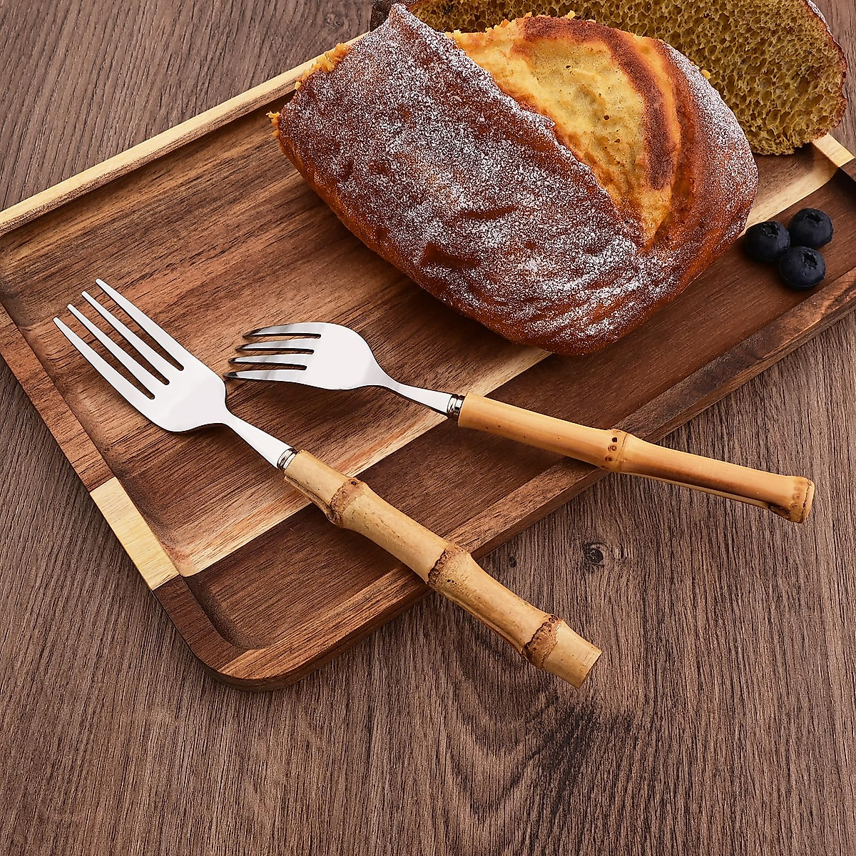 Uniturcky Bamboo Silverware Ser, 24-Piece Natural Bamboo Flatware Cutlery Set for 6, Stainless Steel Silver Head with Bamboo Handle, Include knife Fork Spoon Utensil for Daily Use and Party, Reusable