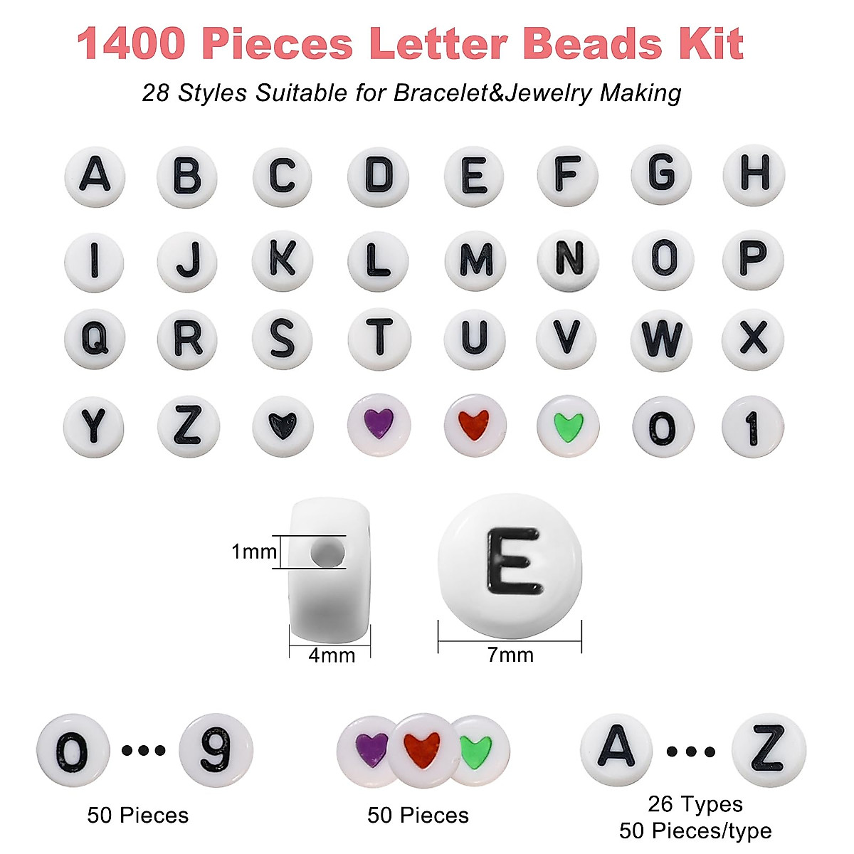 Redtwo 1400 Pcs Letter Beads for Friendship Bracelets Making Kit, A-Z Alphabet Beads, Colorful Heart Beads & Number Beads for DIY Jewelry Making
